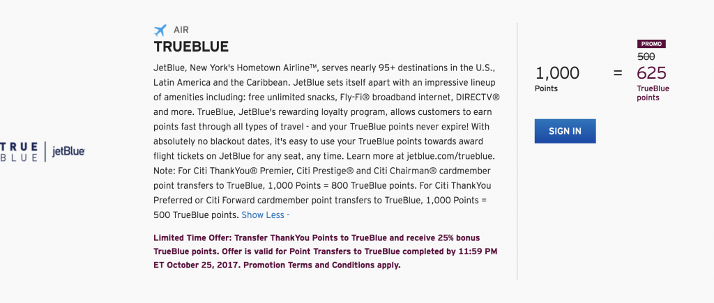 Up To 25% Bonus On Citi ThankYou Transfers To JetBlue