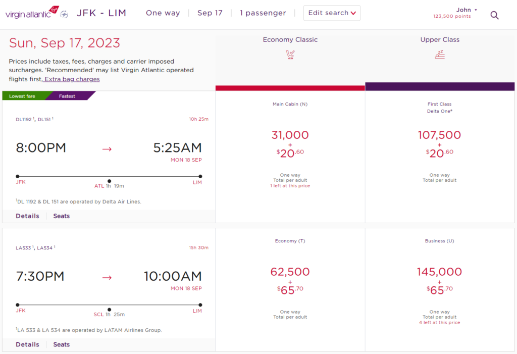 Virgin Atlantic Flying Club Award Chart for LATAM Flights