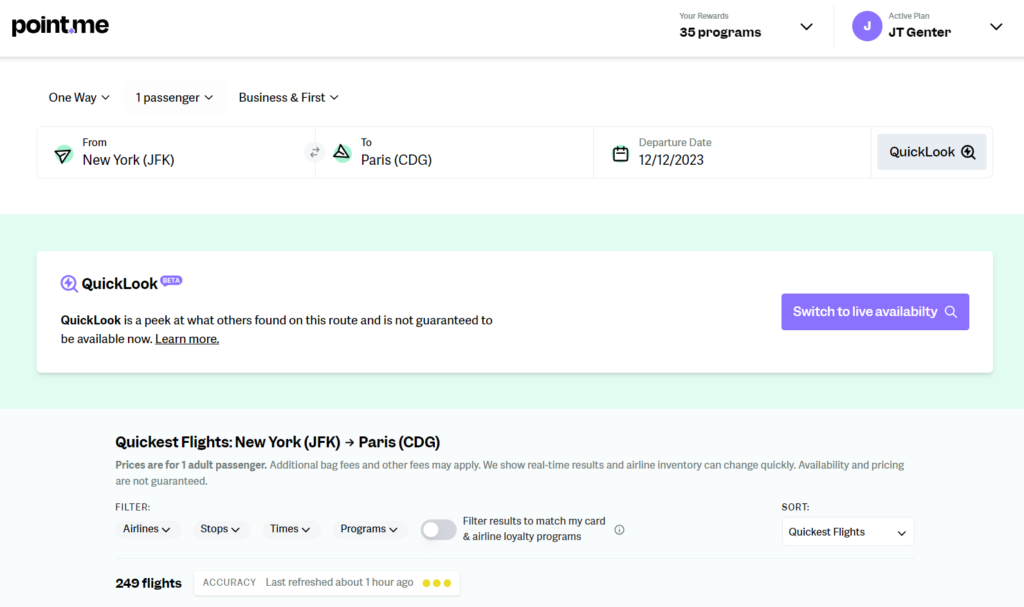 Point.Me QuickLook Tool Shows Award Availability in Seconds