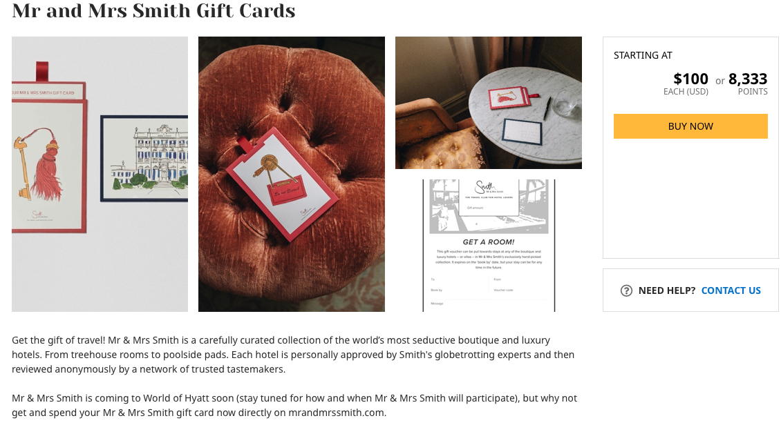 Hyatt Offers Points & Elite Nights on Mr and Mrs Smith Gift Cards
