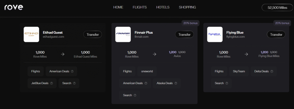 Rove Miles Transfer Bonuses: 20% to Finnair Plus and Flying Blue