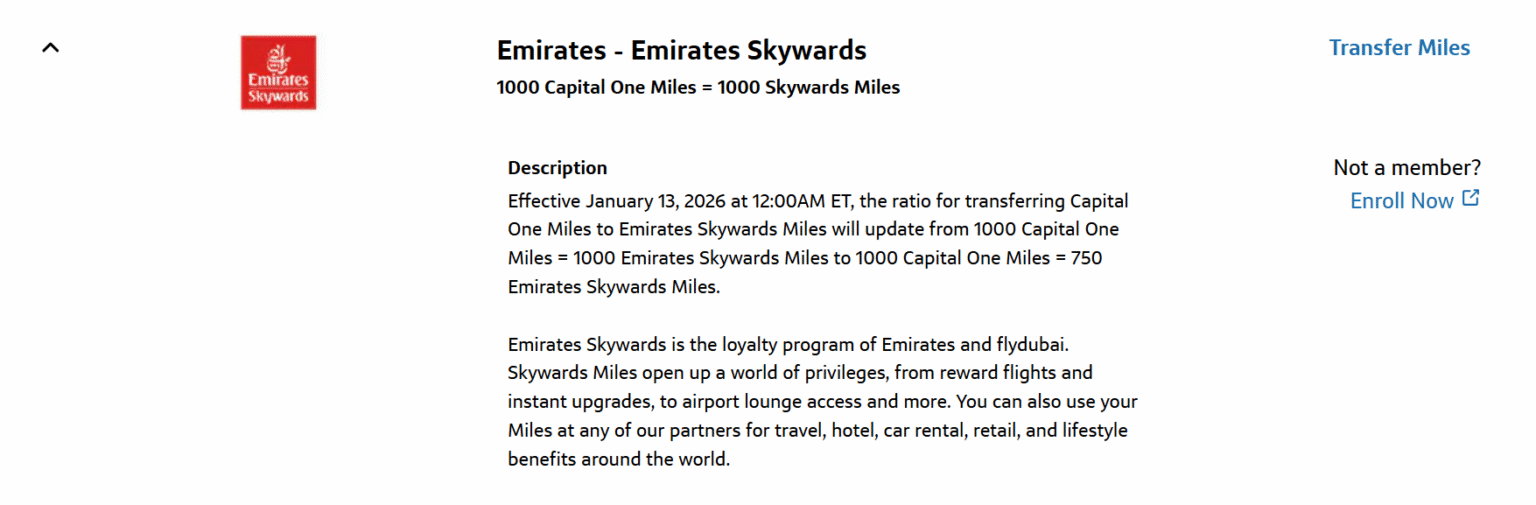 Capital One to Devalue Point Transfers to Emirates Skywards