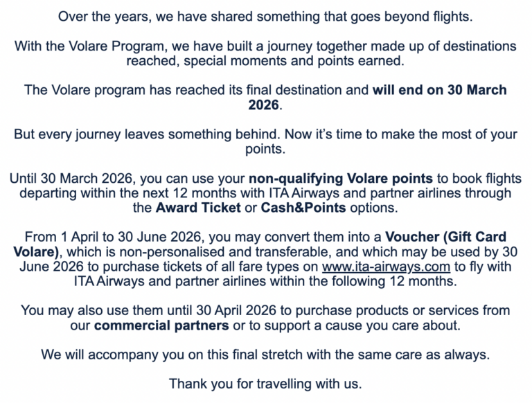ITA Airways Volare Loyalty Program Shutting Down March 30, 2026