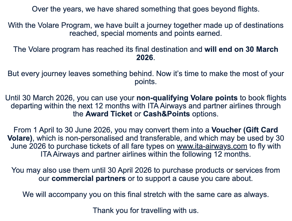 ITA Airways Volare Loyalty Program Shutting Down March 30, 2026