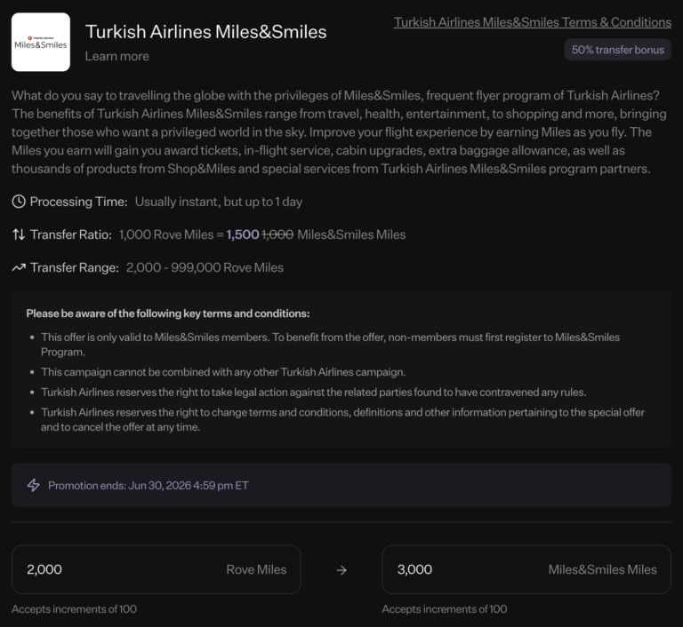 Rove Transfer Bonuses: Get 50% More Turkish Airlines Miles